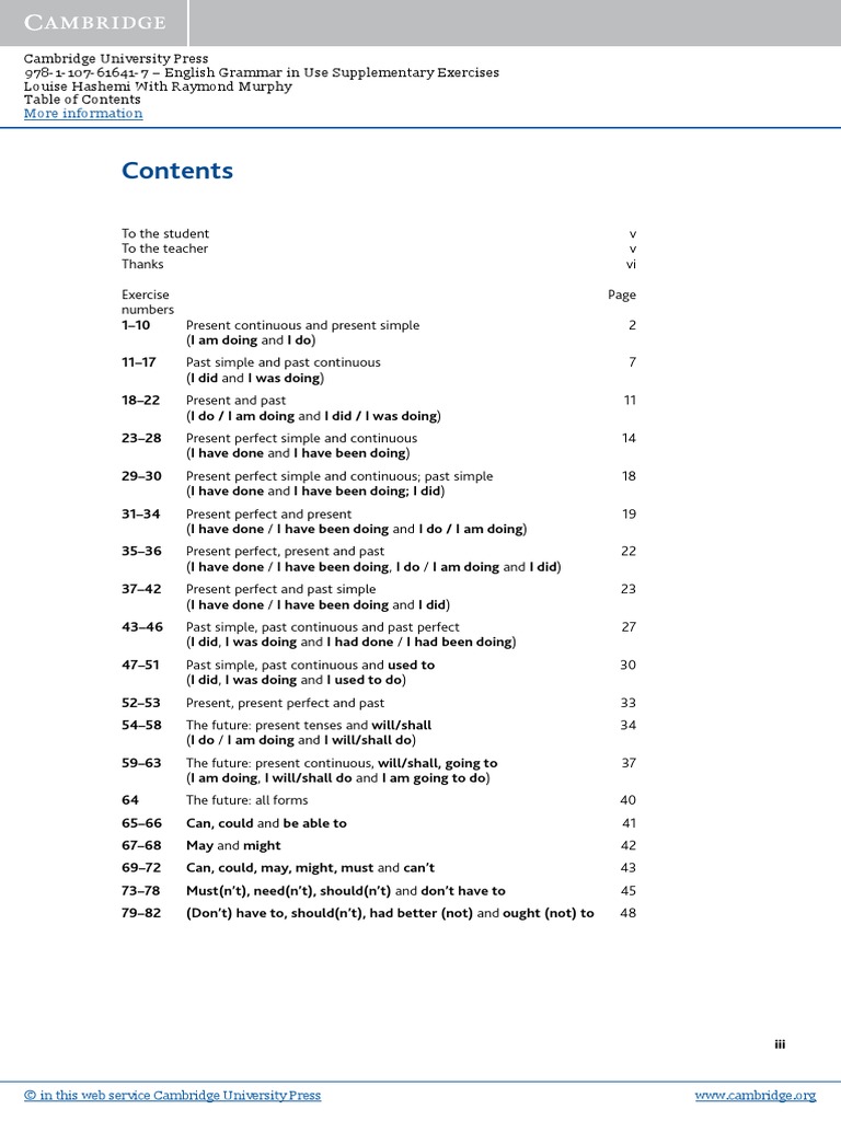 Cambridge English Grammar in Use Table of Contents | PDF | Language ...
