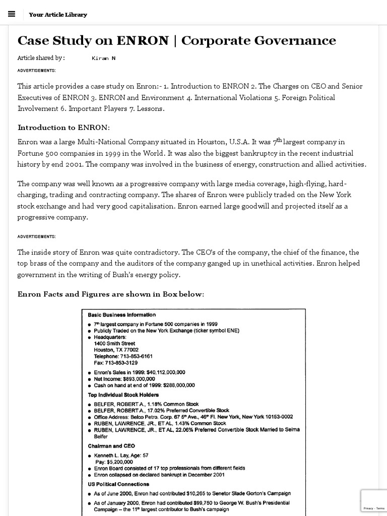 Case Study On ENRON | PDF | Enron | Corporate Governance