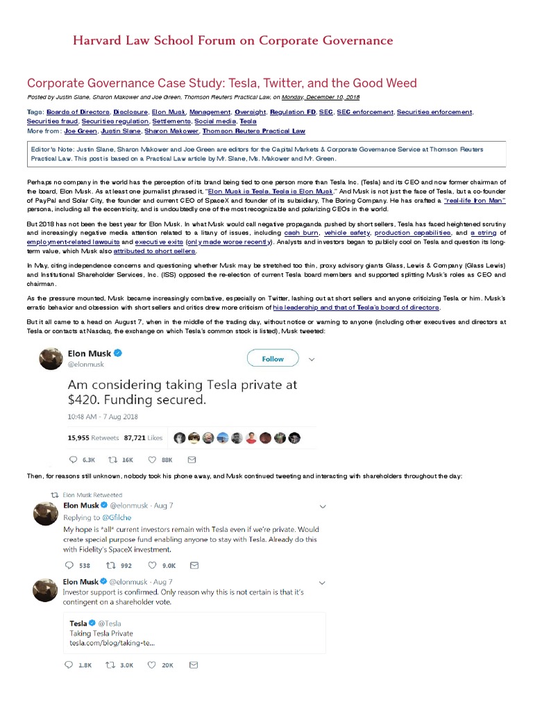 Tesla's Governance and Musk's Tweets | PDF | Elon Musk | Insider Trading