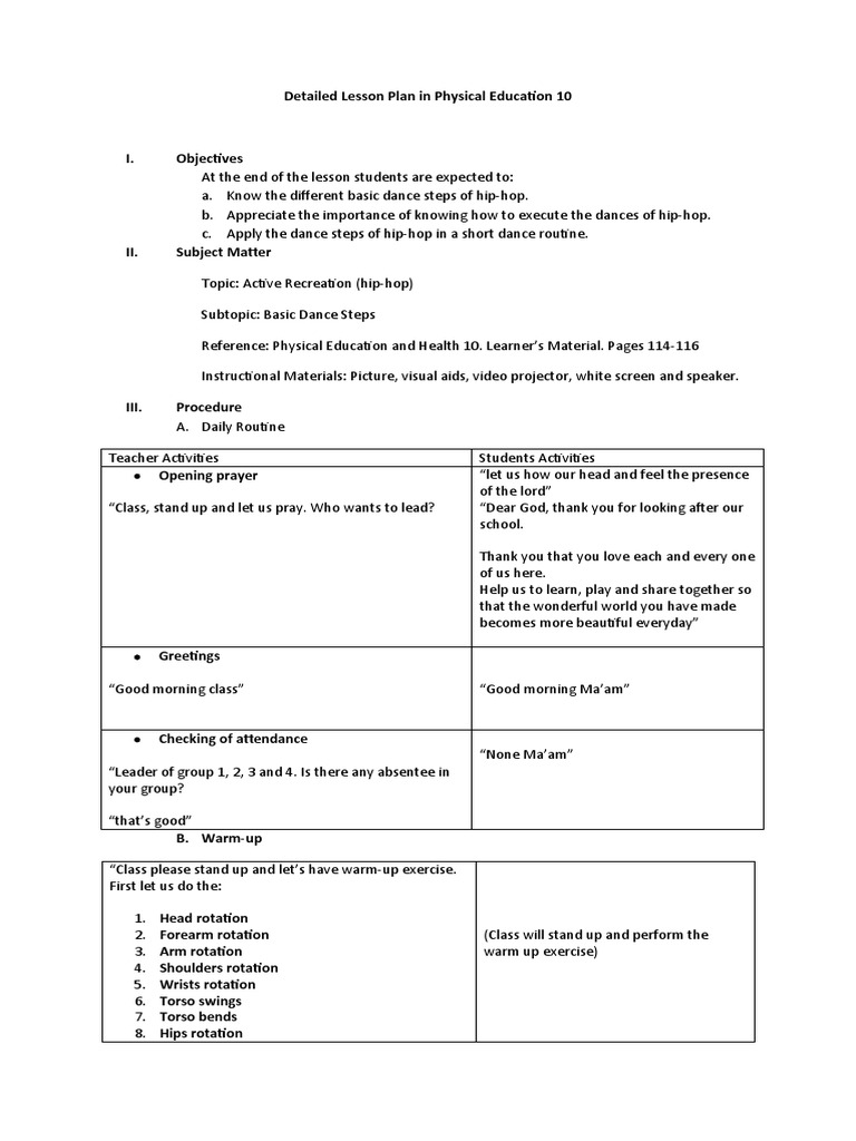 Detailed Lesson Plan in Physical Education 10 Hip-Hop | PDF | Hip Hop ...