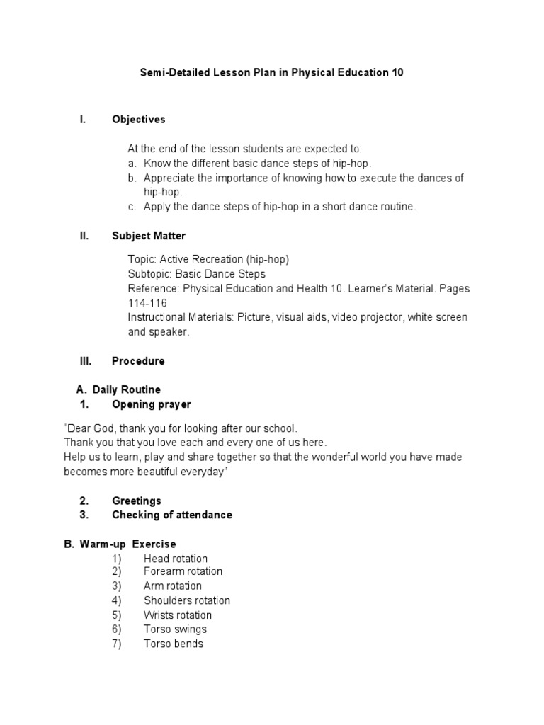 Semi Detailed Lesson Plan in P.E. 10 Hip-Hop | PDF | Hip Hop Music | Dances