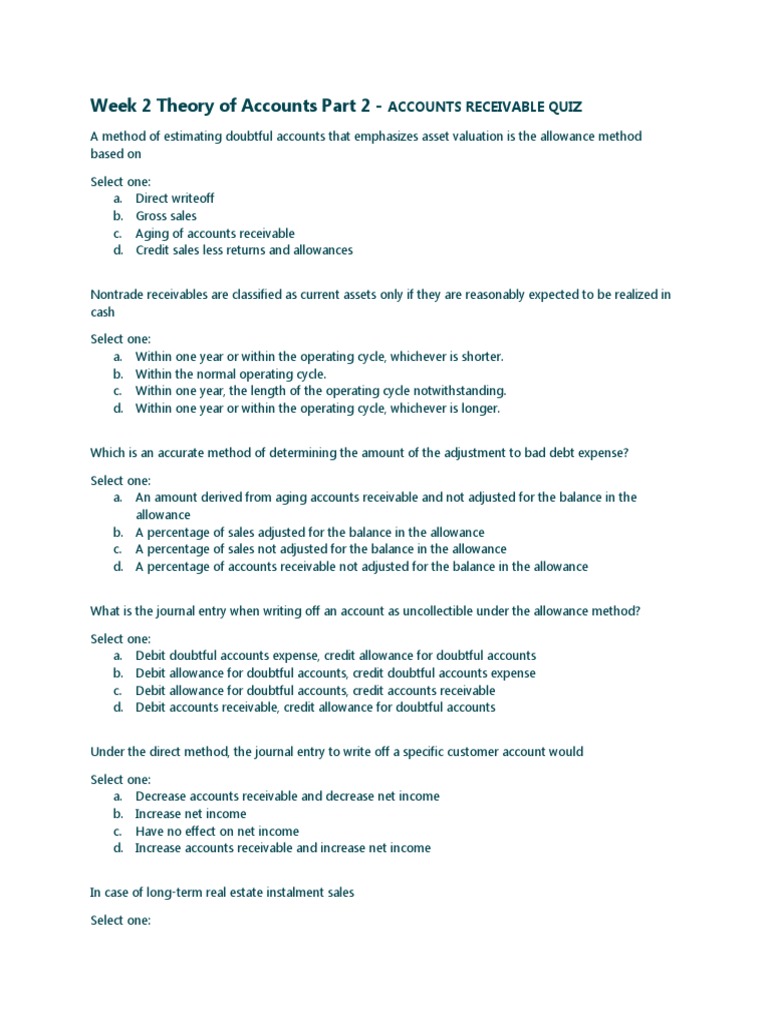 Accounts Receivable Quiz: Allowance Method Insights | PDF | Bad Debt ...