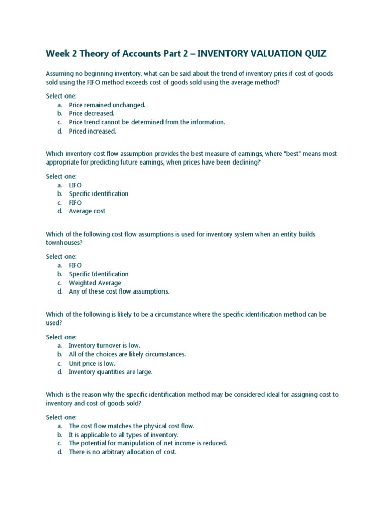 ACTG 431 QUIZ Week 2 Theory of Accounts Part 2 - INVENTORY VALUATION ...