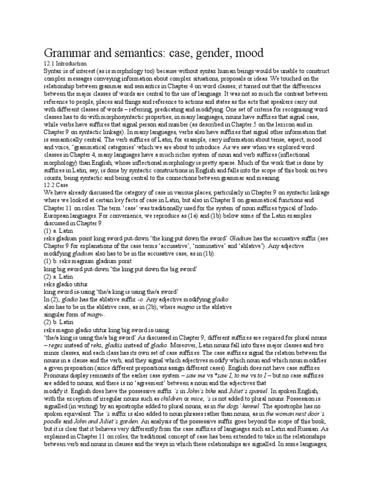 Grammar and Semantics: Case, Gender, Mood | PDF | Human Communication | Semantics