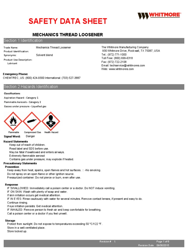 Mechanics Thread Loosener SDS English Aerosol | PDF | Resource ...