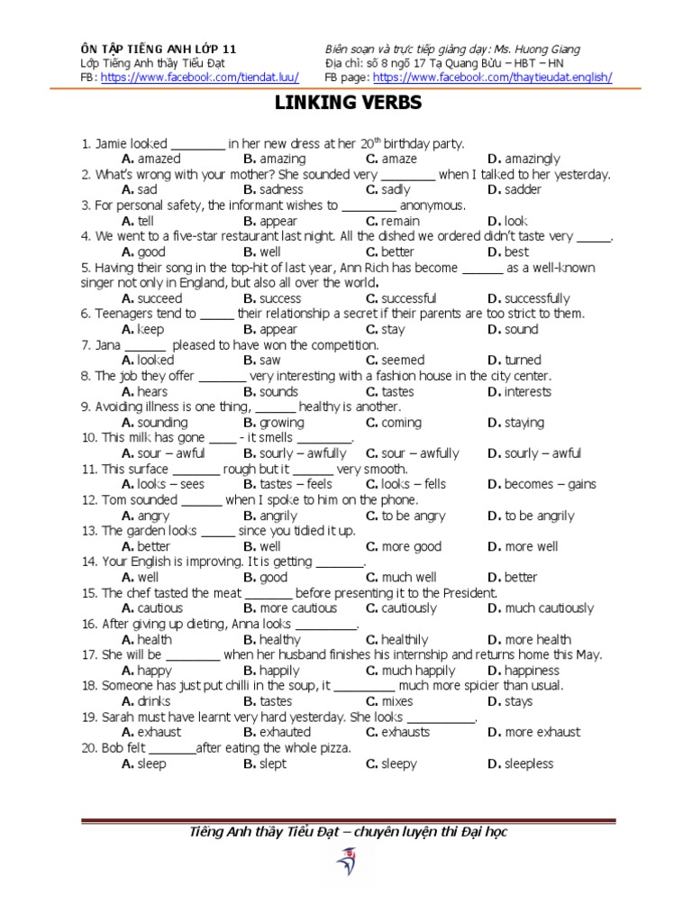 LINKING VERBS - BTVN Key | PDF