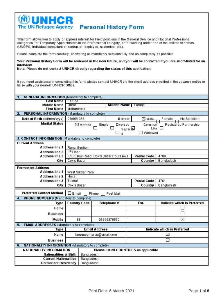 Personal History Form for UNHCR Positions | PDF | Employment | Academic ...