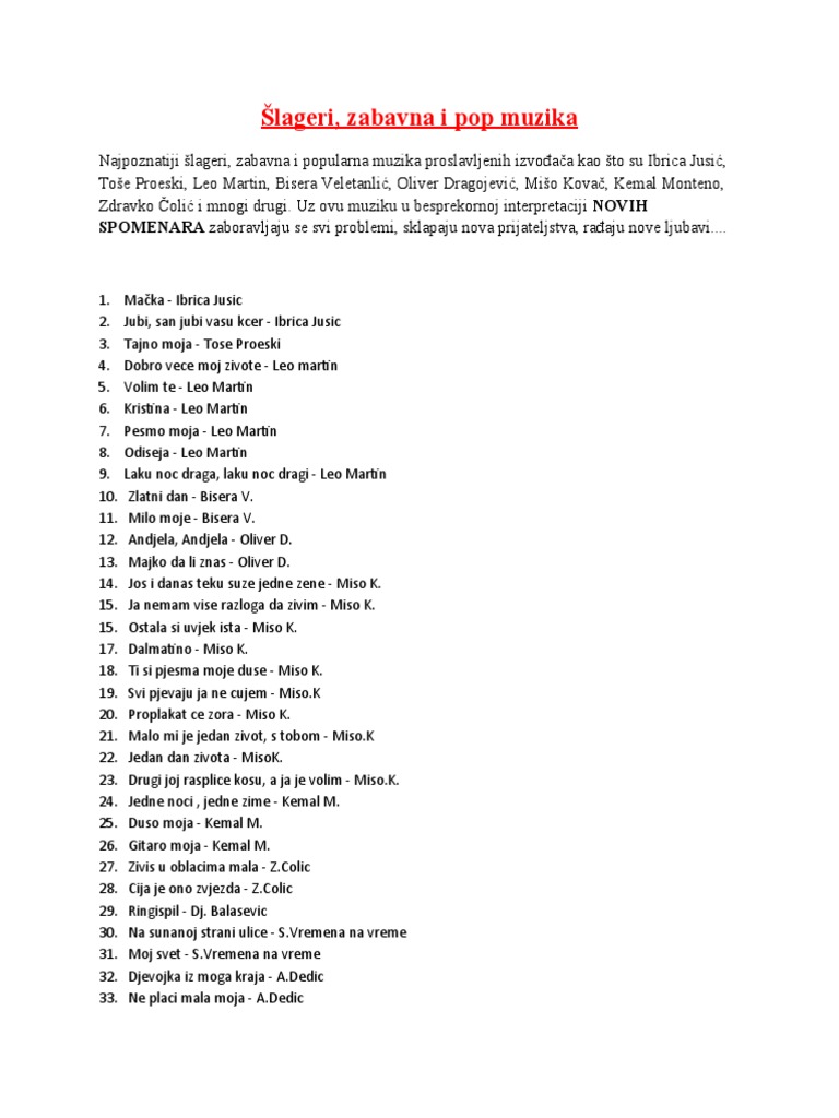 Šlageri, Zabavna I Pop Muzika | PDF