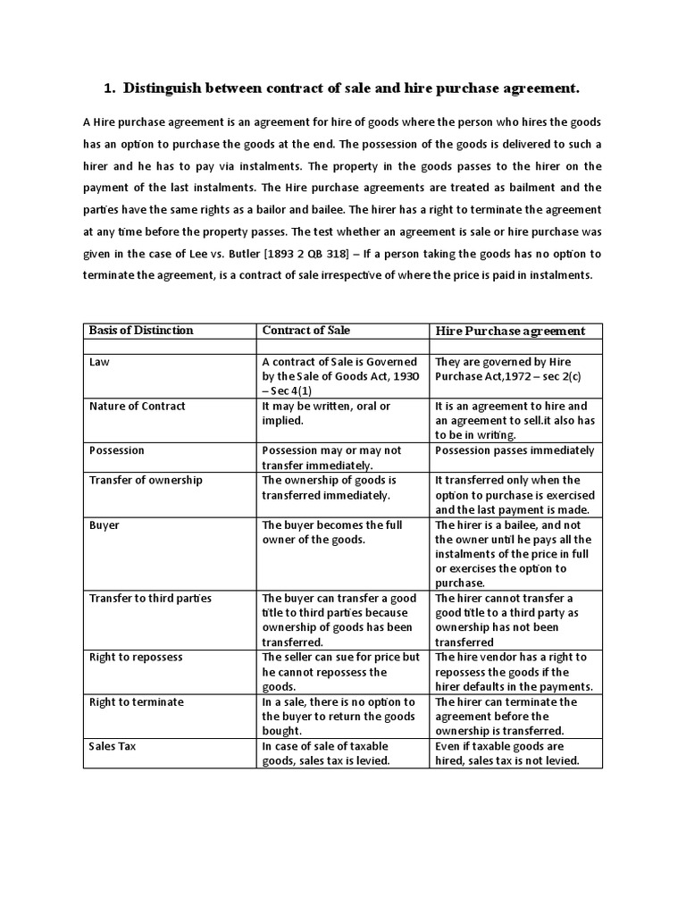 Distinguish Between Contract of Sale and Hire Purchase Agreement ...