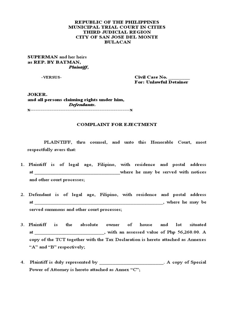 Complaint For Ejectment | PDF | Lawsuit | Complaint