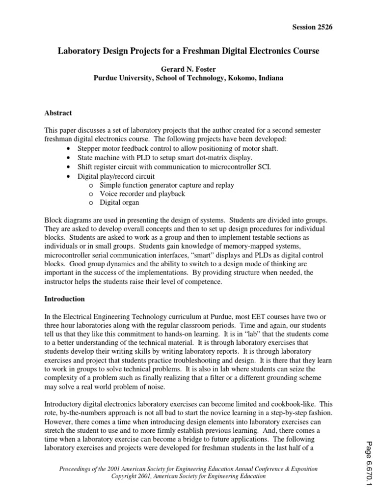 Laboratory Design Projects For A Freshman Digital Electronics Course ...