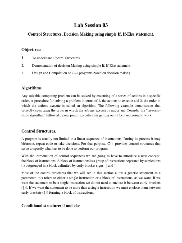 Lab Session 03: Control Structures, Decision Making Using Simple If, If-Else Statement | PDF ...