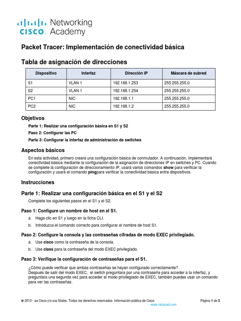 2.7.6 Packet Tracer Implement Basic Connectivity | PDF | Dirección IP | Conmutador de red