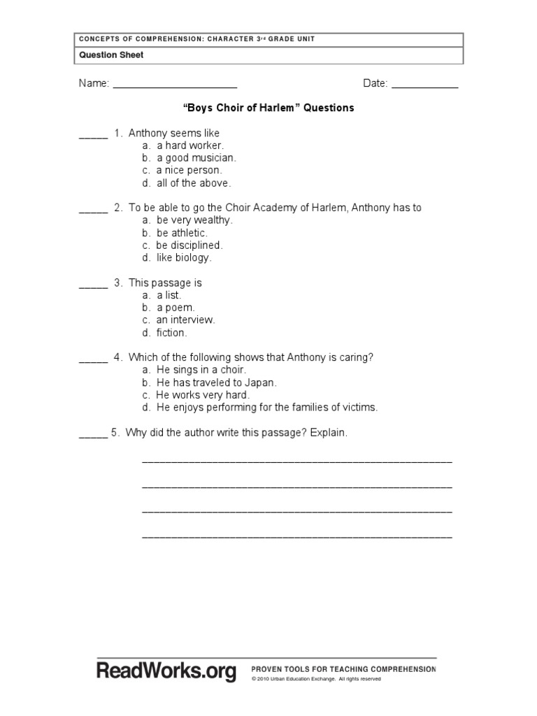 "Boys Choir of Harlem" Questions: Question Sheet | PDF