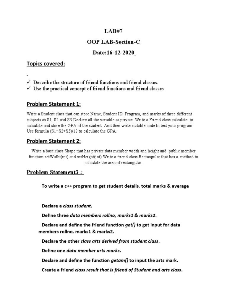 LAB#7 OOP LAB-Section-C Date:16-12-2020 Topics Covered | PDF