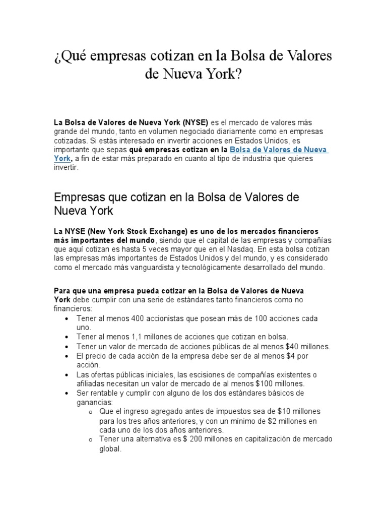 Qué Empresas Cotizan en La Bolsa de Valores de Nueva York | PDF | Bolsa de Nueva York | Bolsa