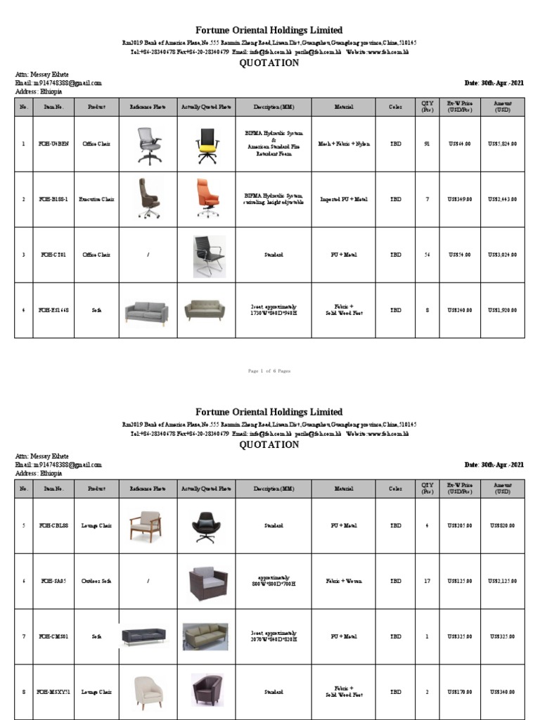 Office Furniture Quotation For Messay | PDF | Chair | Manufactured Goods