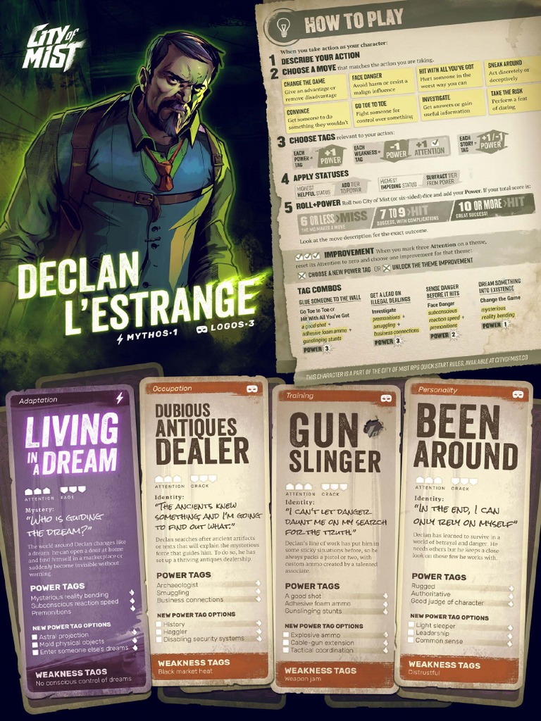 City of Mist RPG - Declan L'Estrange Playbook | PDF