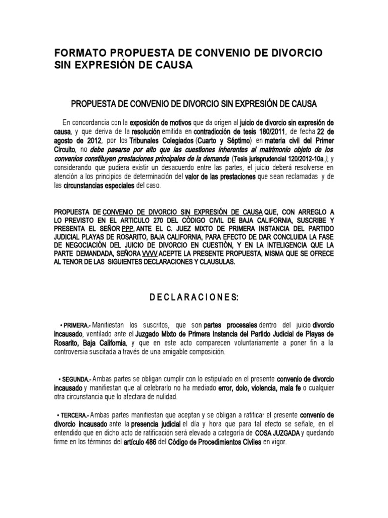 Formato Propuesta de Convenio de Divorcio Sin Expresión de Causa | PDF | Divorcio | Pensión ...