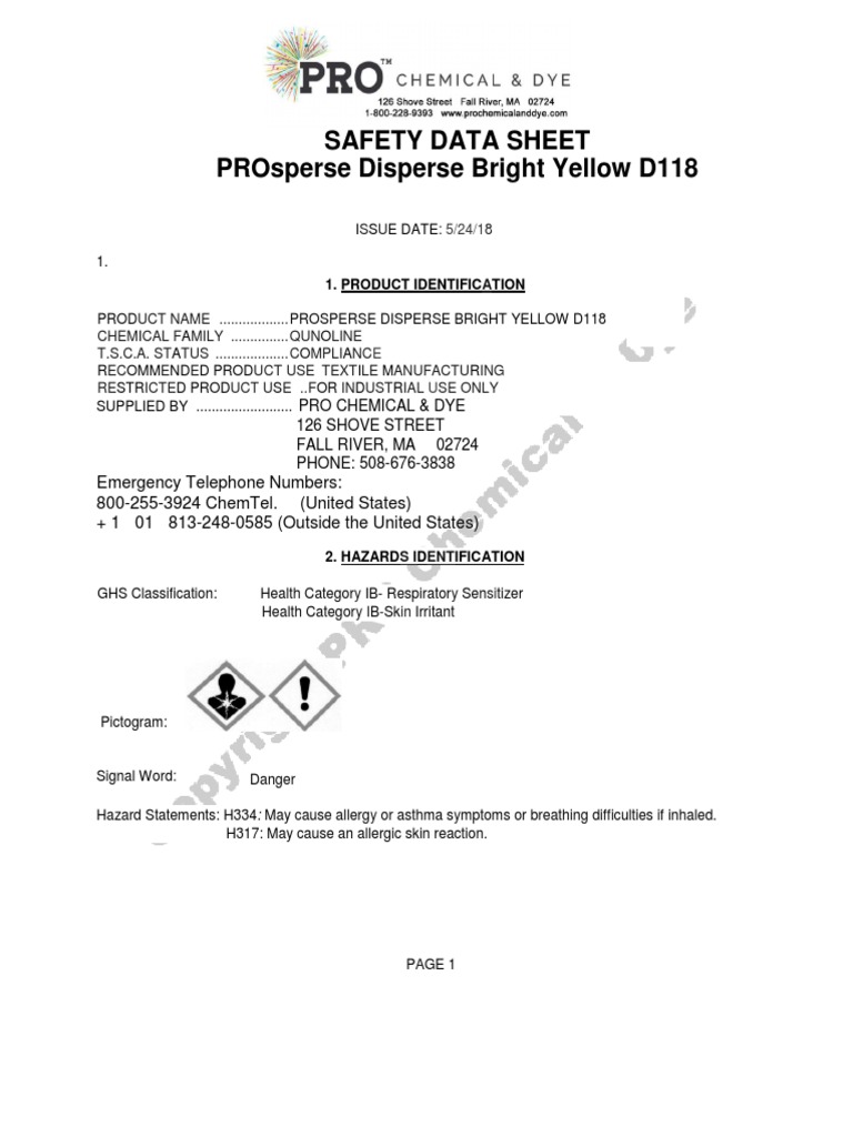 Prosperse Disperse Dyes Sds d118 Bright Yellow | PDF | Personal ...