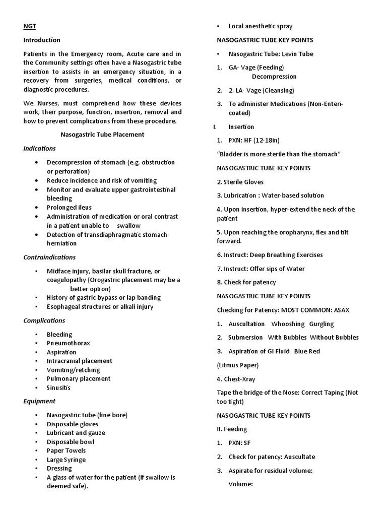 NGT Nasogastric Tube Key Points: Indications | PDF | Medical ...