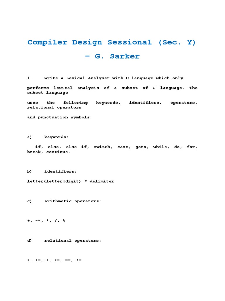 Compiler Design Sessional (Sec. Y) - G. Sarker | PDF