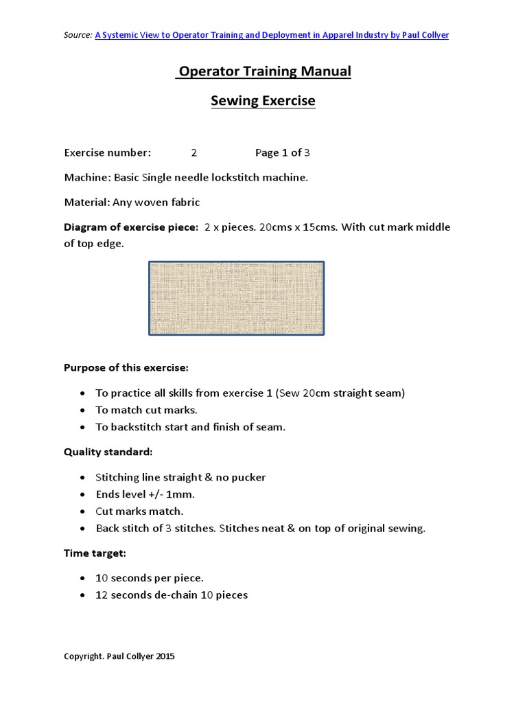 Operator Training Manual Sewing Exercise: Diagram of Exercise Piece: 2 ...