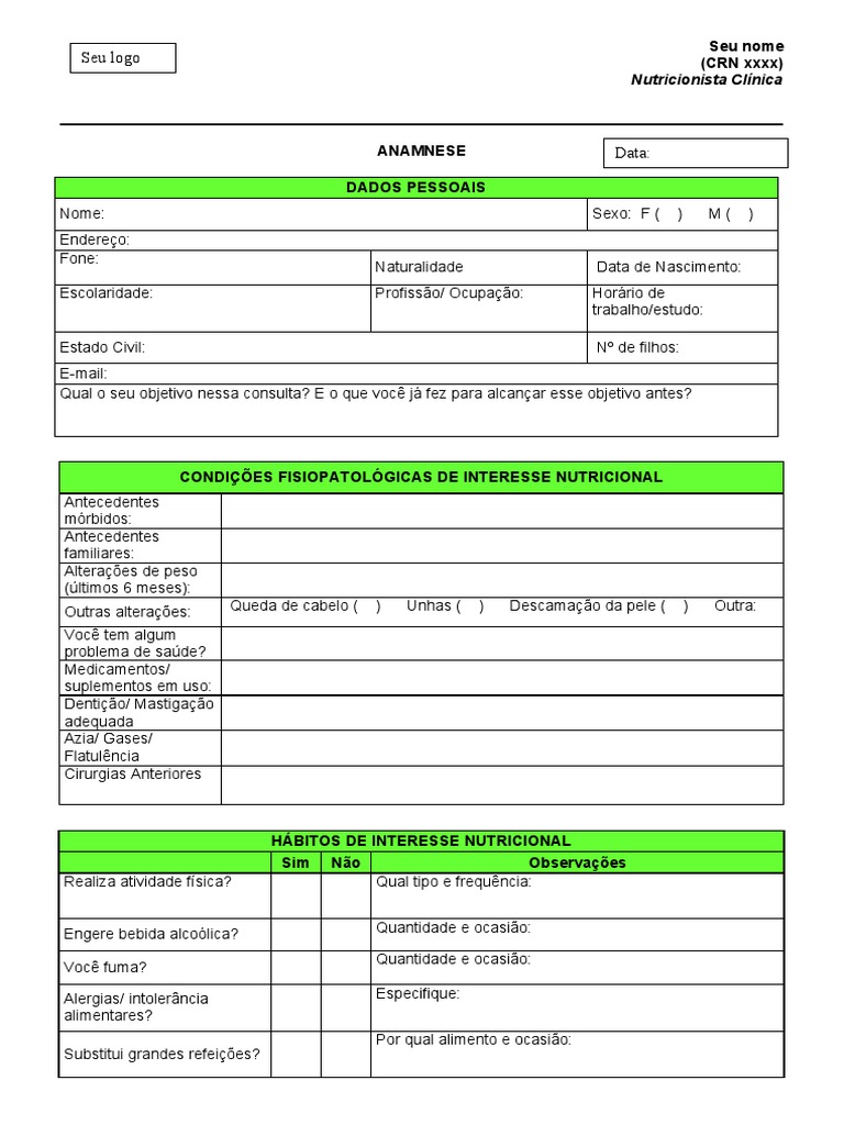 Anamnese - Modelo Editável | PDF | Depressão | Especialidades médicas