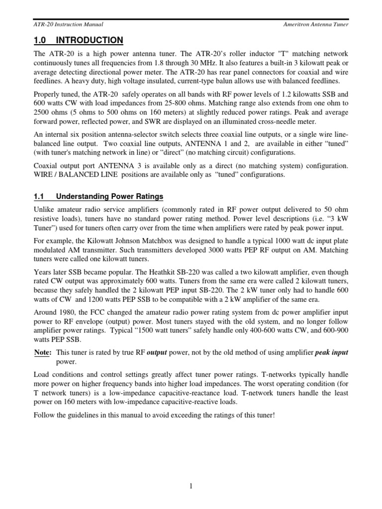 Ameritron Atr 20 User Manual | PDF | Antenna (Radio) | Coaxial Cable