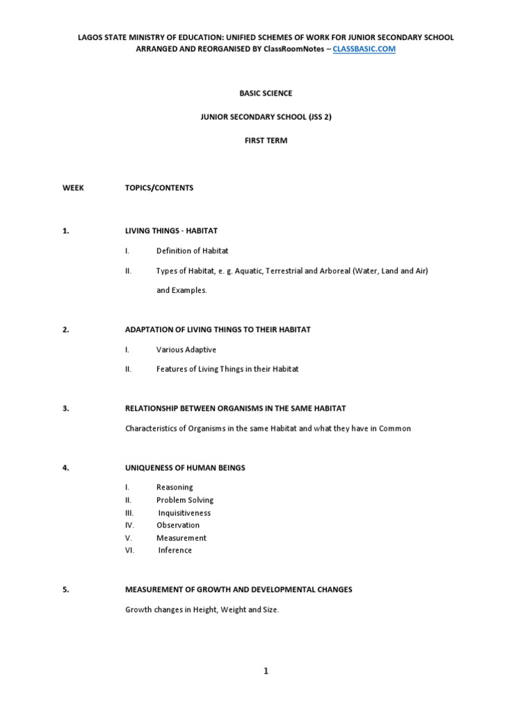 Basic Science Scheme of Work For Junior Secondary School JSS 2 | PDF ...