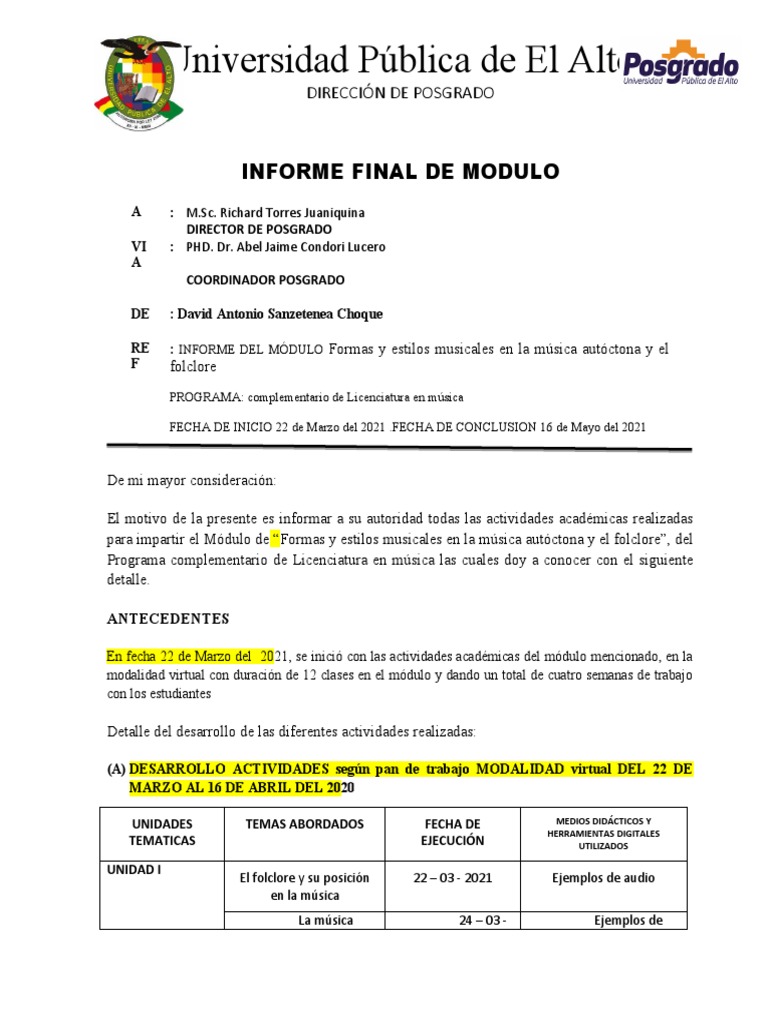 ANEXO 6 INFORME FINAL DE MODULO X - David Sanzetenea | PDF