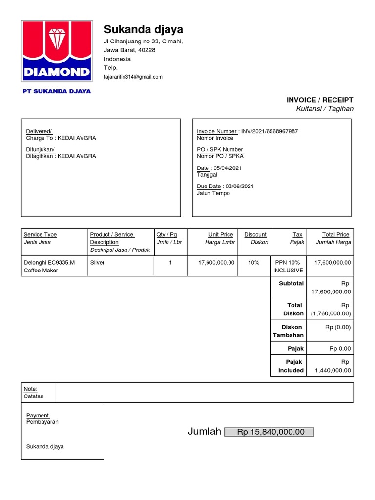 Invoice KEDAI AVGRA untuk Coffee Maker | PDF | Dokumen Bisnis | Akuntansi
