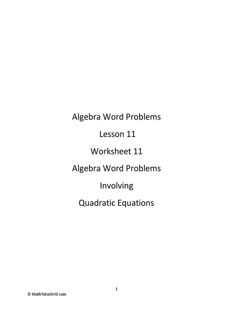 Algebra Word Problems - Worksheet 11 - Problems Involving Quadratic ...