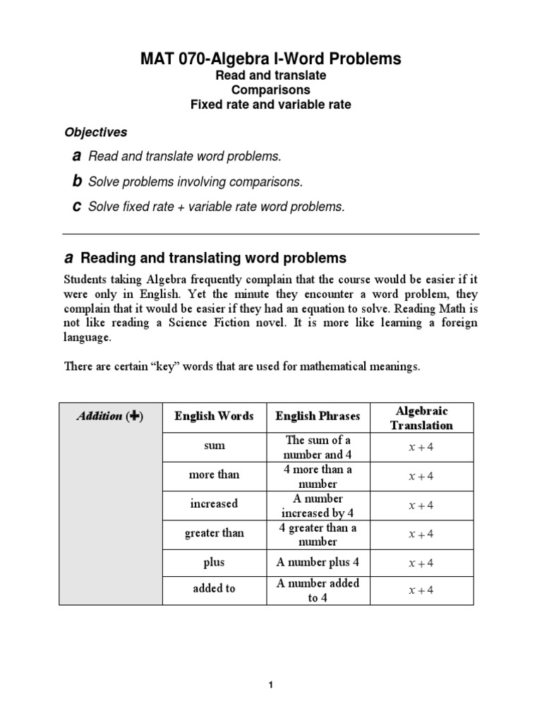 MAT 070 Word Probs-Intro | PDF | Numbers | Equations