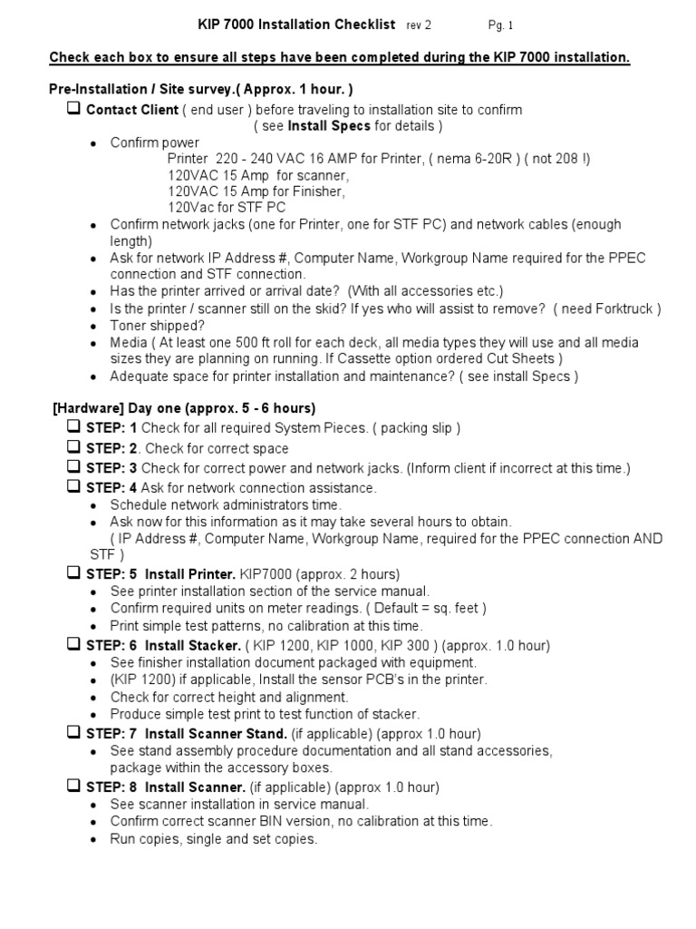 KIP 7000 Installation Checklist R2 | PDF | Image Scanner | Computer Network