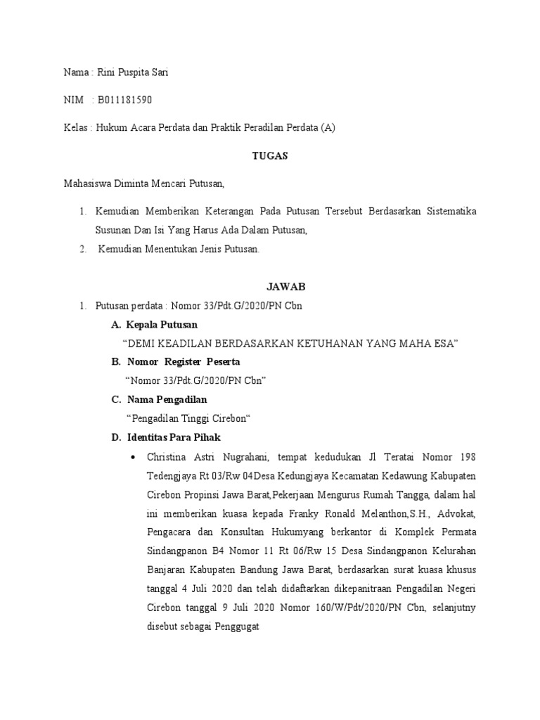 Analisis Putusan Perdata Nomor 33/Pdt.G/2020 | PDF | Hukum