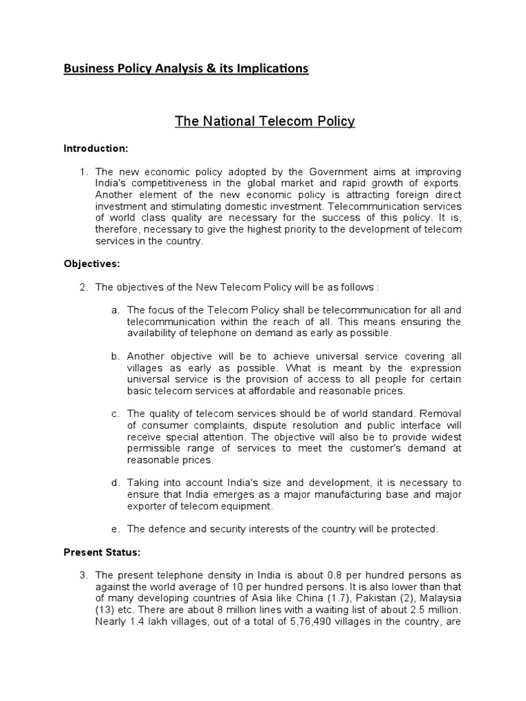 Business Policy Analysis & Its Implications: The National Telecom ...
