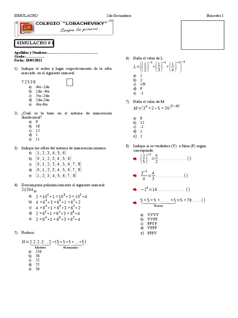 SIMULACRO - I (2do Sec Und Aria) | PDF | Longitud | Matemática Elemental
