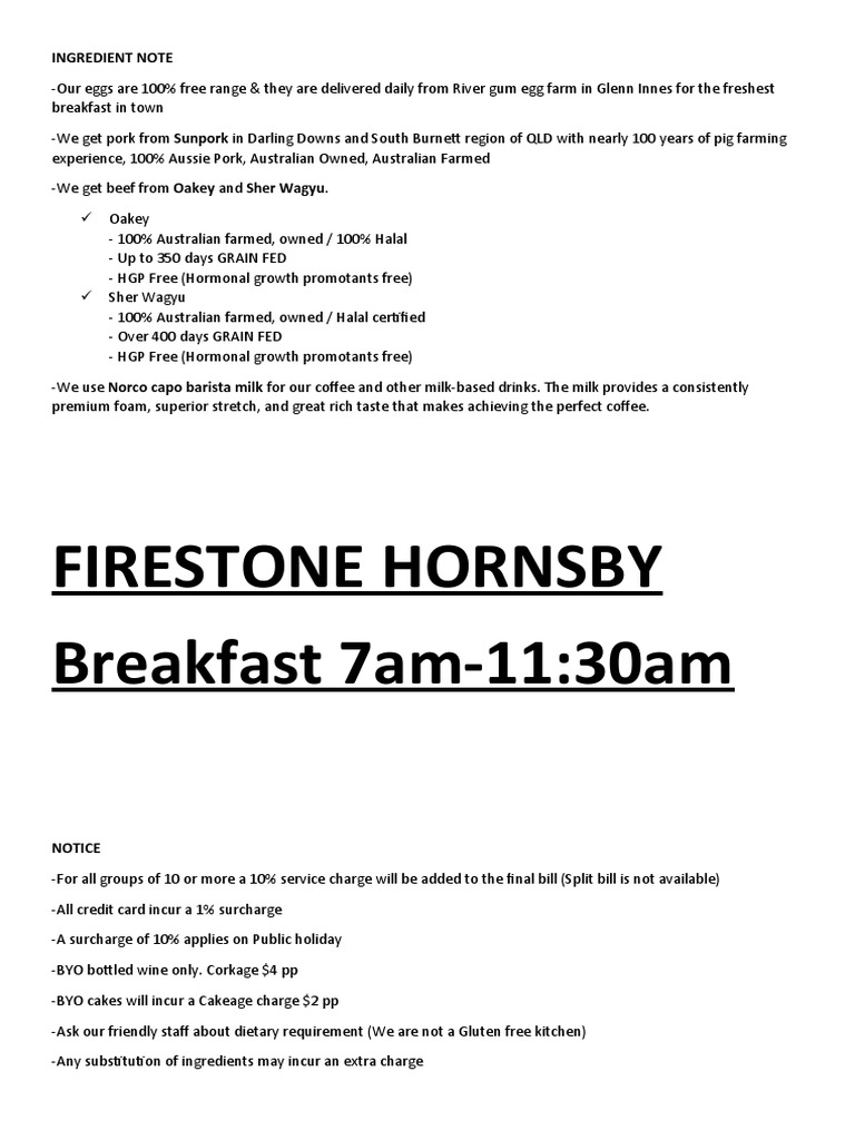 Firestone Hornsby Breakfast 7am-11:30am: Ingredient Note | Download ...