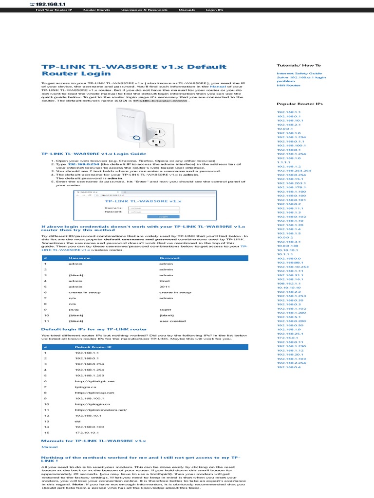 TP-LINK TL-WA850RE v1.x - Default Login IP, Default Username & Password ...