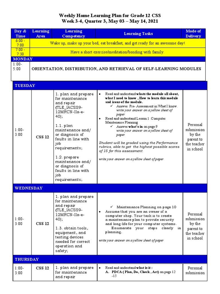 Weekly Home Learning Plan For Grade 12 CSS Week 3-4, Quarter 3, May 03 ...