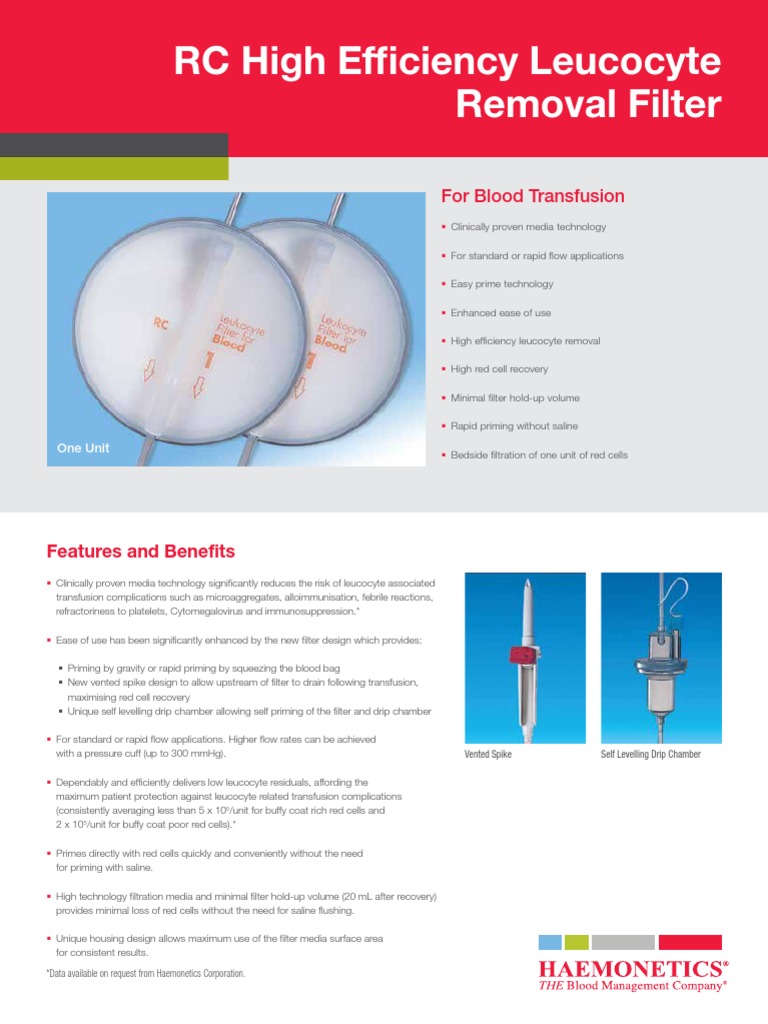 RC High Efficiency Leucocyte Removal Filter: For Blood Transfusion ...