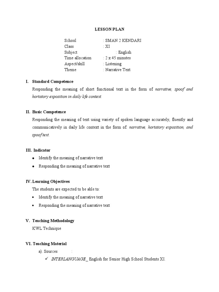 LESSON PLAN Listening Narrative Text | PDF | Human Nature | Teaching