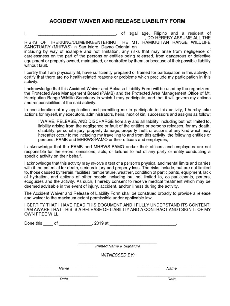 Accident Waiver and Release Liability Form: Printed Name & Signature ...