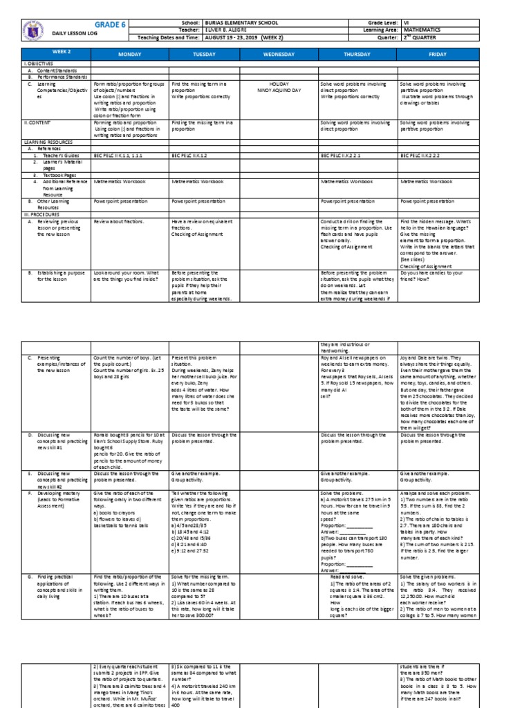Grade 6: Week 2 Monday Tuesday Wednesday Thursday Friday | PDF | Ratio ...