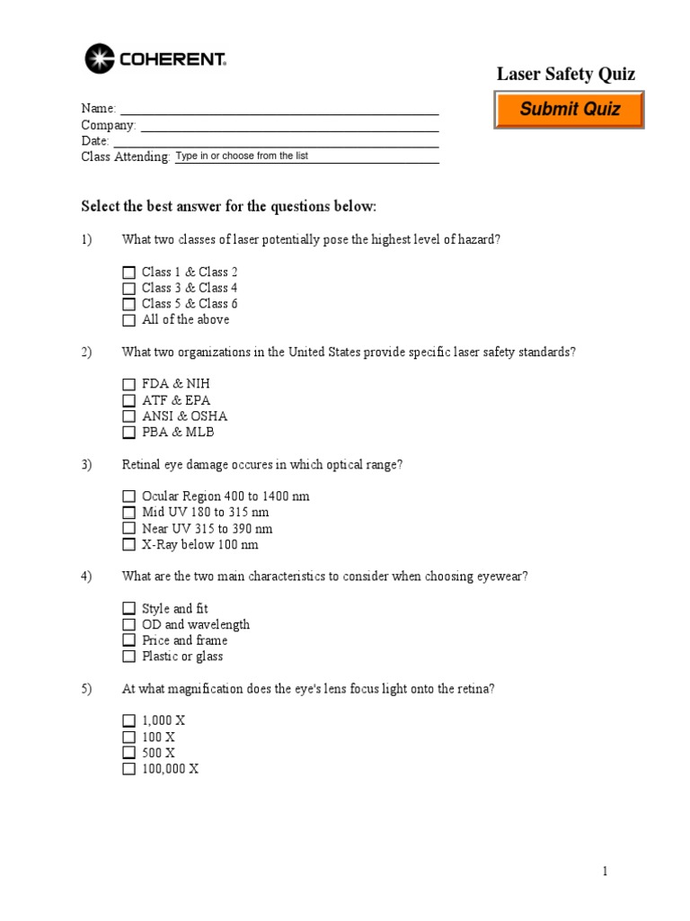 Select The Best Answer For The Questions Below:: Laser Safety Quiz ...
