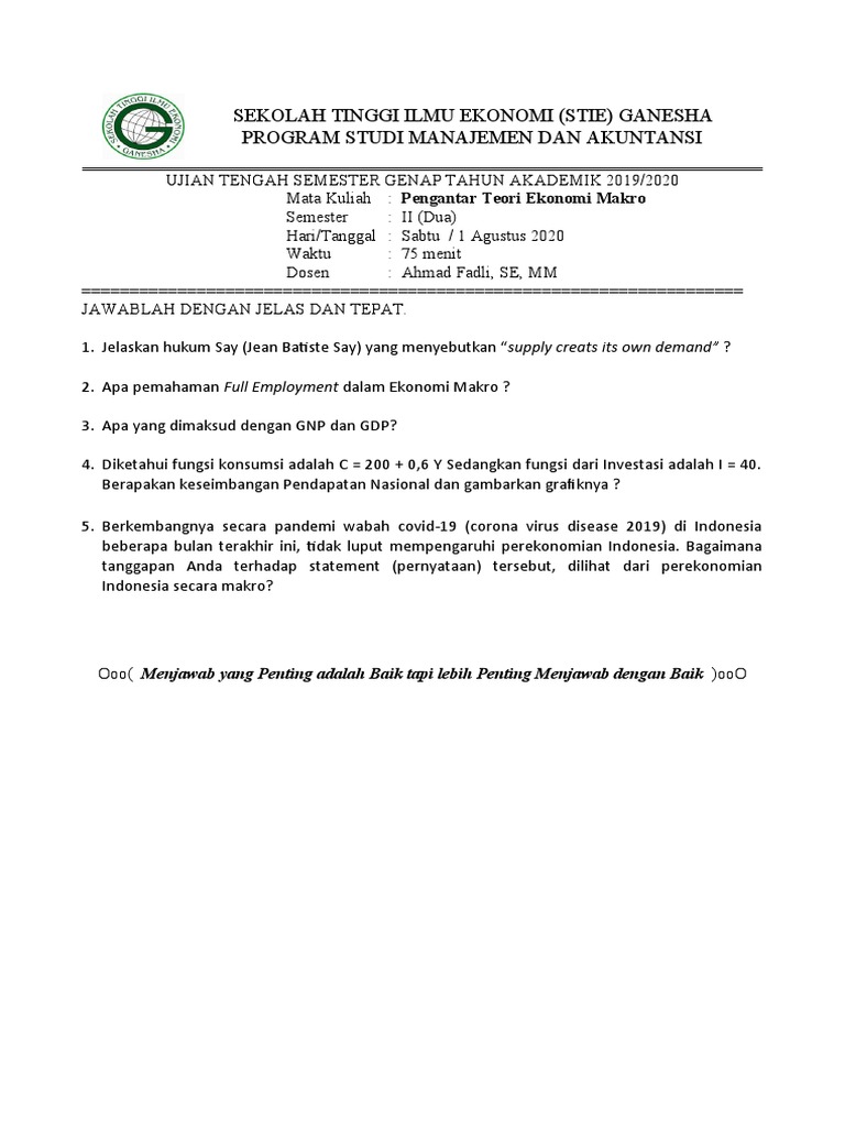 Soal UTS Ekonomi Makro | PDF | Bisnis | Pengelolaan Keuangan & Uang