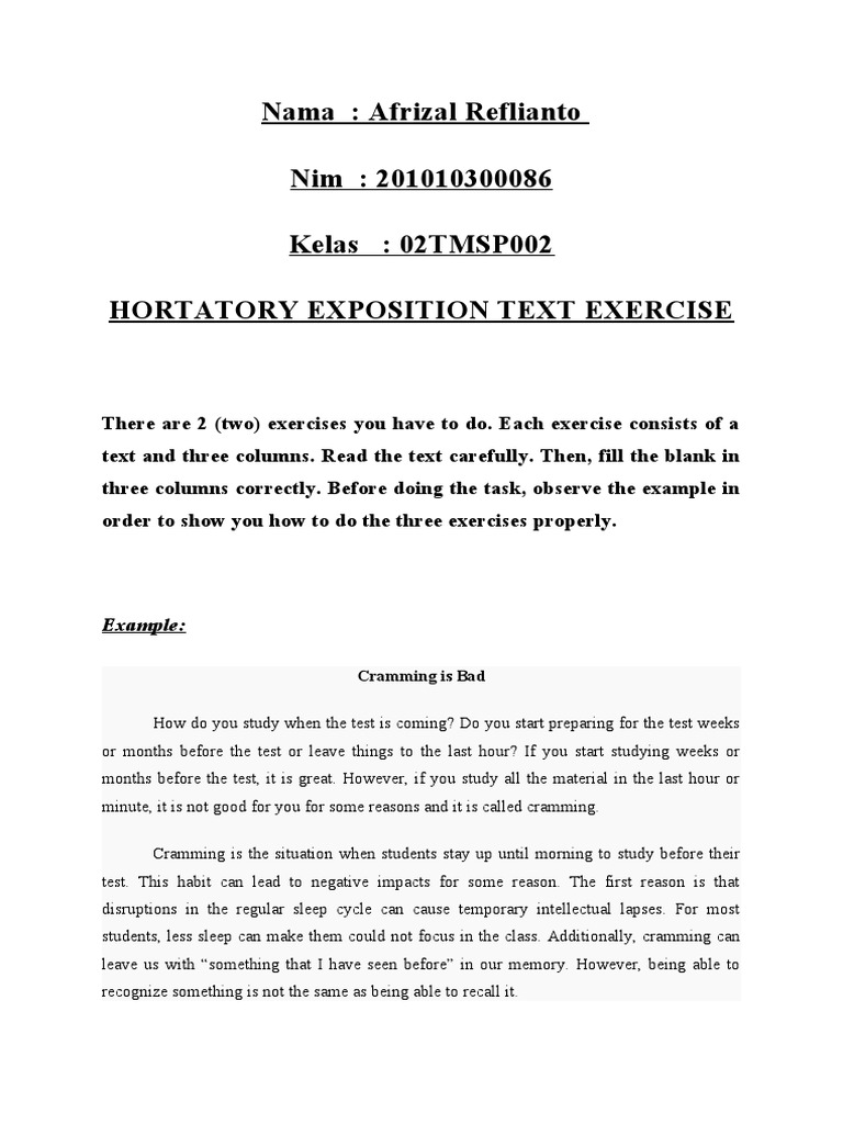 Hortatory Exposition Text Exercise (Afrizal Reflianto) | PDF | Mental ...