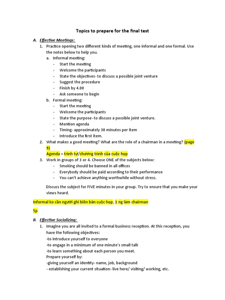 Topics To Prepare For The Final Test: A. Effective Meetings | PDF ...
