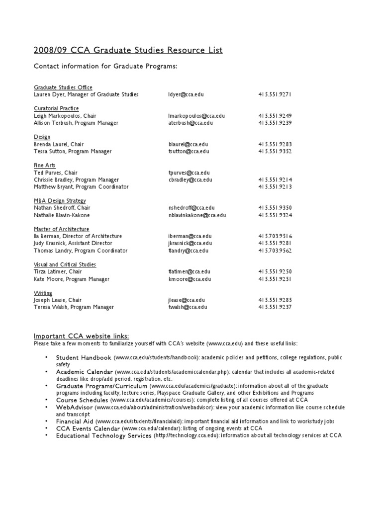 2008/09 CCA Graduate Studies Resource List: Contact Information F or ...